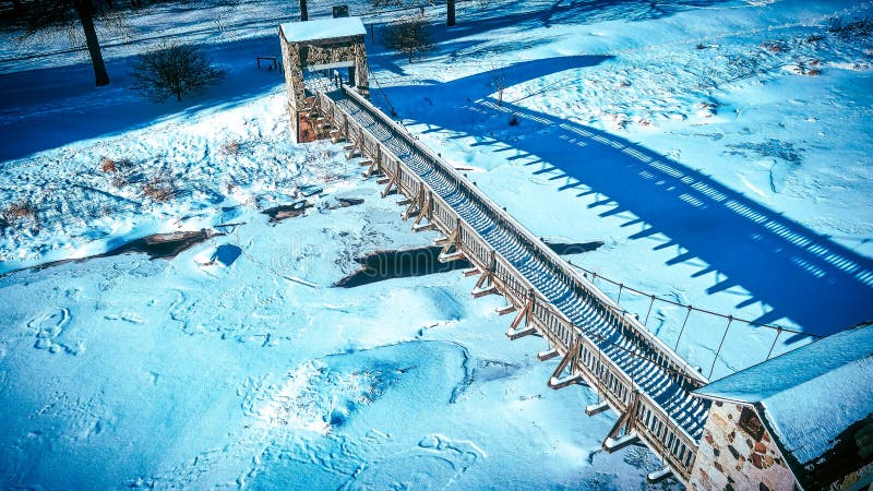 Aerial of Frozen Park Walking Bridge Stock Photo - Image of nature ...