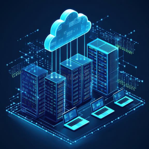 Aerial Futuristic View of Cloud Computing Infrastructure and Data Center Digital Concept Art ...