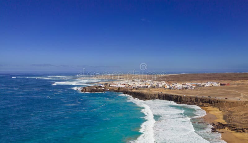 Aerial High Level Panoramic View of El Cotillo Town and Beaches Near ... Aerial High Level Panoramic View of El Cotillo Town and Beaches Near ...