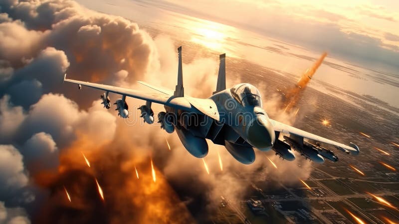 Aerial High View of Fighter Jets Flying in a Military Combat Zone ...