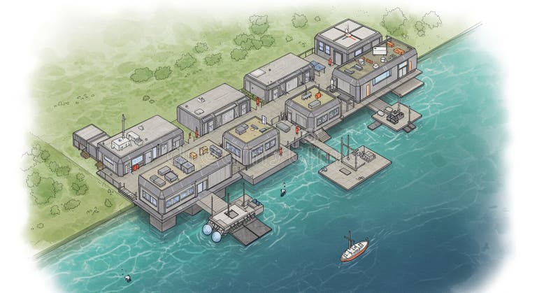 Aerial Illustration of a Modern Floating Community with Rectangular Structures Stock ...