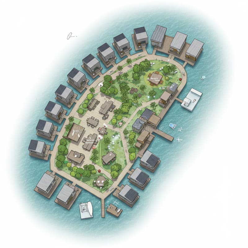 An Aerial Illustration of a Small Island with a Modern Settlement ...