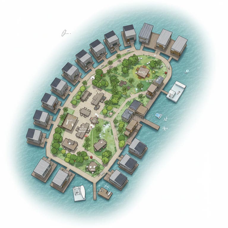 An Aerial Illustration of a Small Island with a Modern Settlement ...