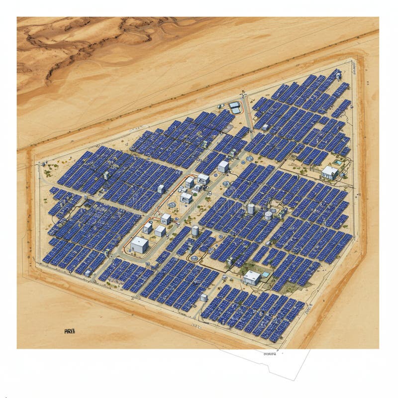 Aerial Illustration of a Solar Farm in a Desert Landscape, Featuring ...