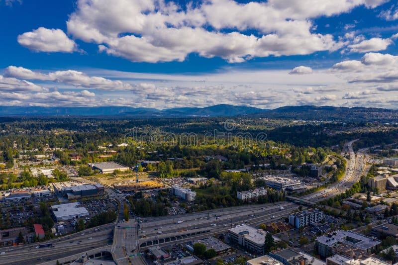 Aerial Image Bellevue Washington with Beautiful Blue Cloudy Sky Stock ...