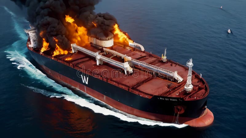 Large Burning Cargo Ship Tanker Carrying Oil in the Sea or Ocean Stock ...