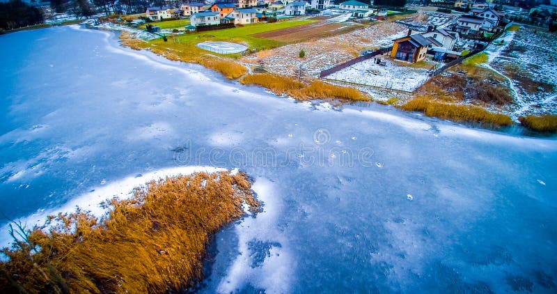 Aerial Frozen Lake Frozen In Cold Winter Stock Image - Image of flight ...