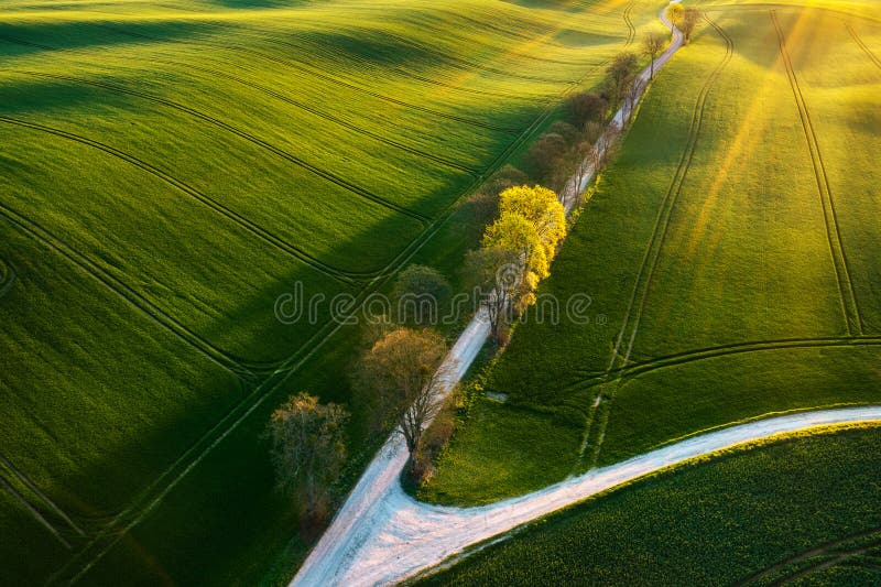 Aerial Landscape of the Green Fields in Northern Poland at Spring Time ...