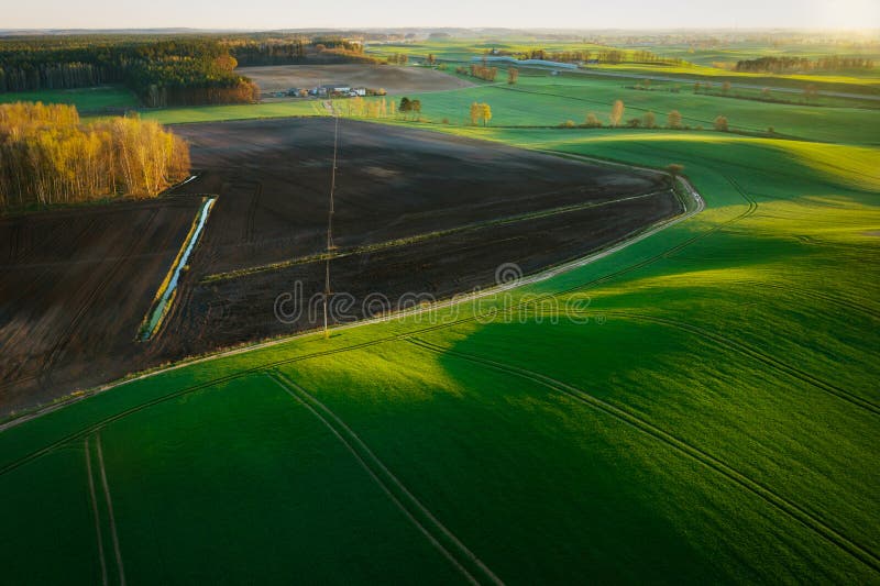 Aerial Landscape of the Green Fields in Northern Poland at Spring Time ...