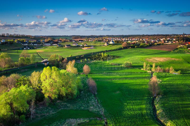 Aerial Landscape of the Green Fields in Northern Poland at Spring Time ...