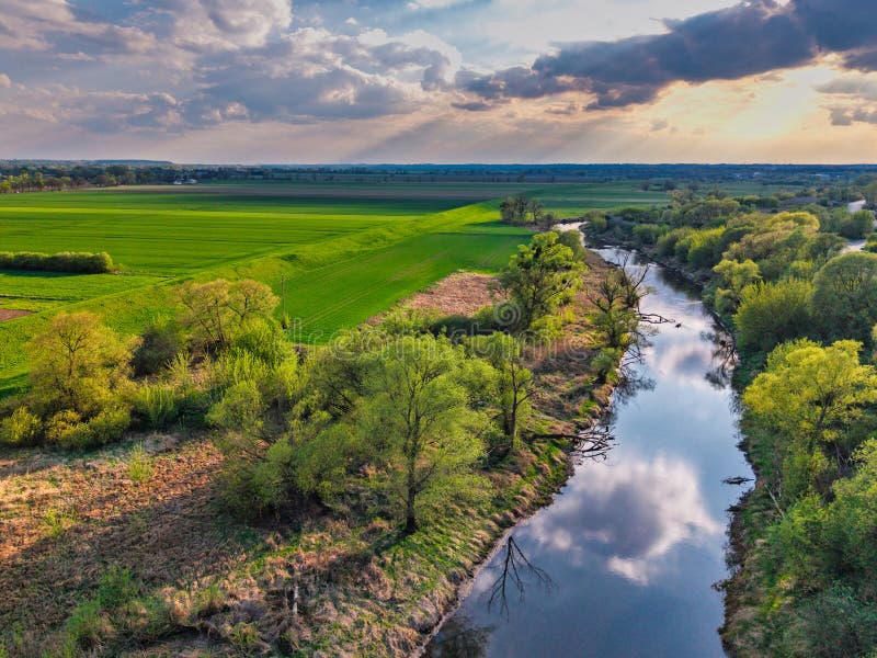 Aerial Landscape of the Green Fields in Northern Poland at Spring Time ...
