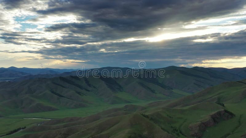 Aerial Landscape with Setting Sun in Mountains Stock Video - Video of ...