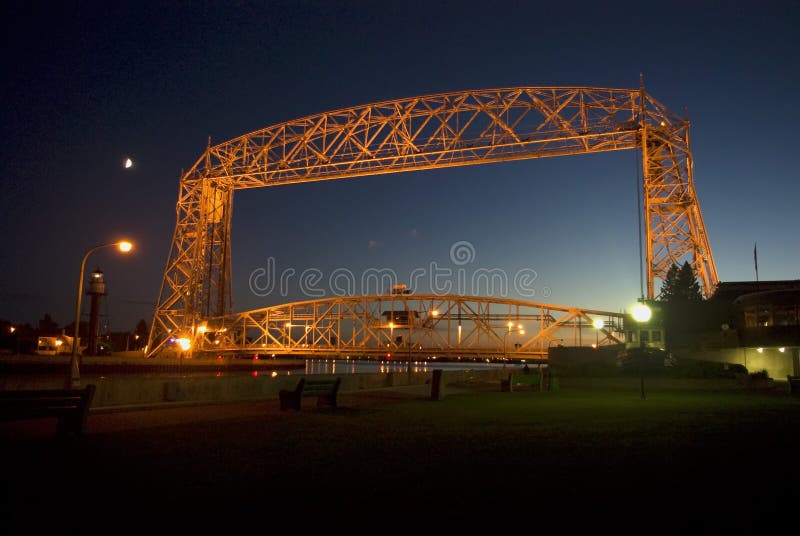 Aerial Lift Bridge Lighted at Night Time Stock Photo - Image of night ...