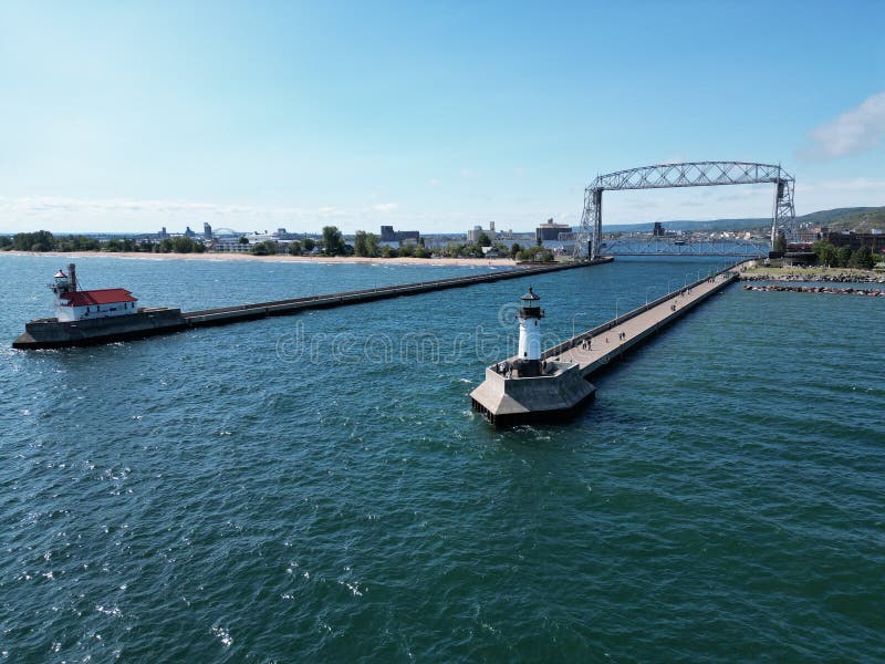 Aerial Lift Bridge with Lighthouses at End of Piers Stock Photo - Image ...