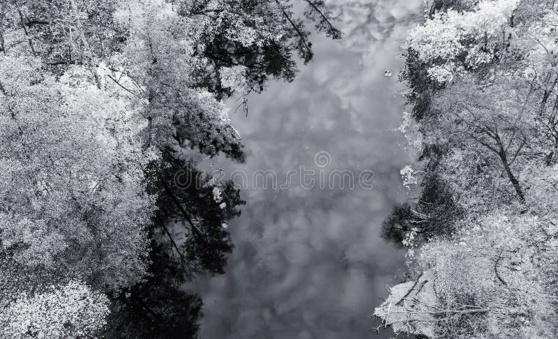 Aerial Look Down View on River in Black and White Stock Image - Image ...