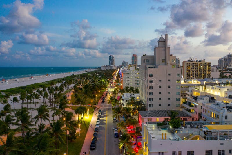 Aerial Miami Beach View Down Ocean Drive Stock Image - Image of tree ...
