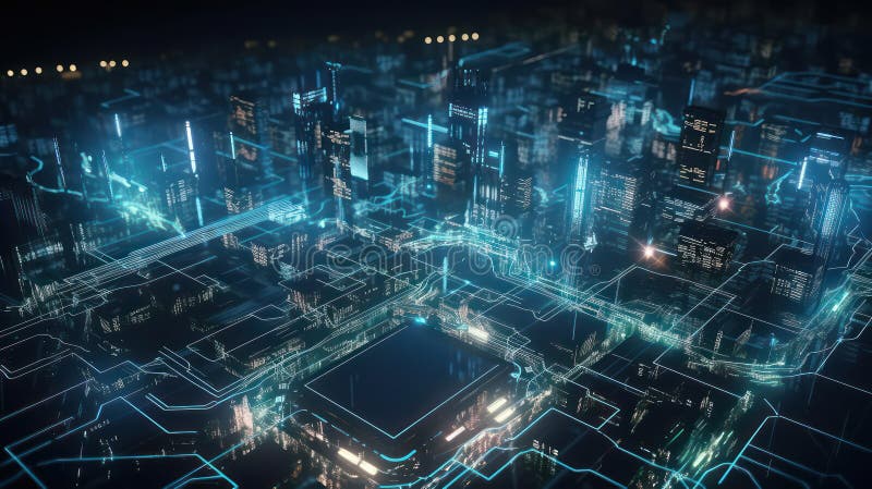 Network and Connection Technology Concept with a City at Night Time ...