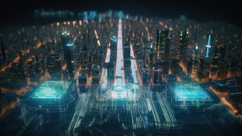 Network and Connection Technology Concept with a City at Night Time ...