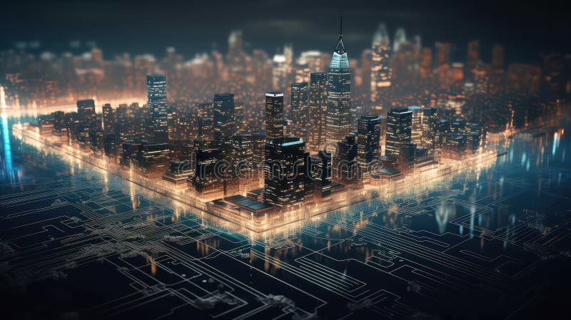Network and Connection Technology Concept with a City at Night Time ...