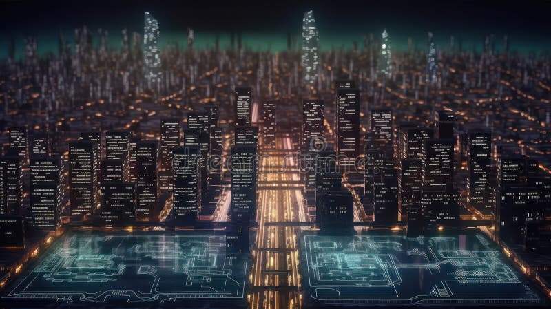 Network and Connection Technology Concept with a City at Night Time ...