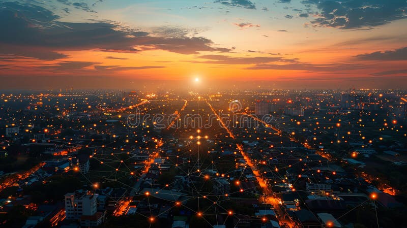 Aerial Night Scene of City Grid with Light Concept of Data Connectivity ...