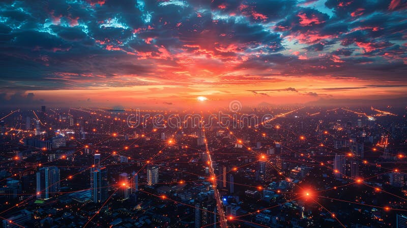 Aerial Night Scene City Infrastructure for Telecommunication with Data ...