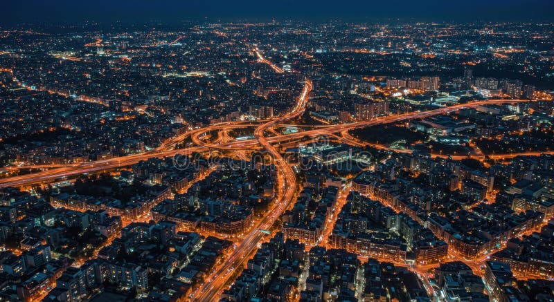 Aerial Night View of City Highways and Lights Stock Image - Image of ...