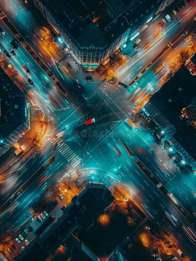 Aerial Night View of City Intersection with Illuminated Streets and ...