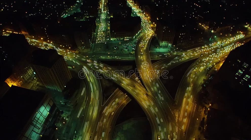 Aerial Night View of City Traffic Intersection Stock Illustration ...
