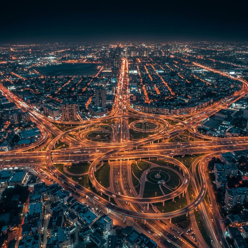 Aerial Night View of a Complex Highway Interchange in a Cityscape ...