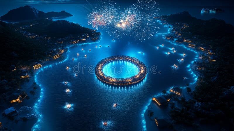 Aerial Night View of Fireworks Over Tropical Island with Circle of ...