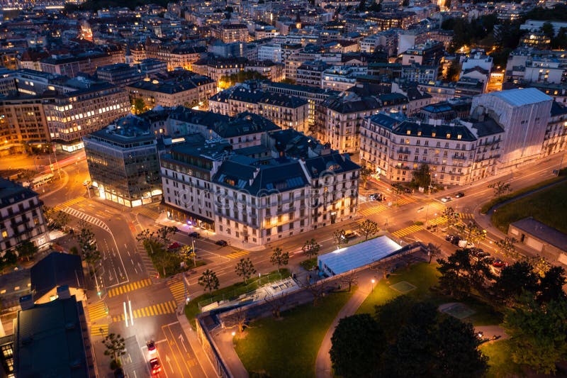 Aerial Night View of Geneva City in Switzerland Stock Photo - Image of ...
