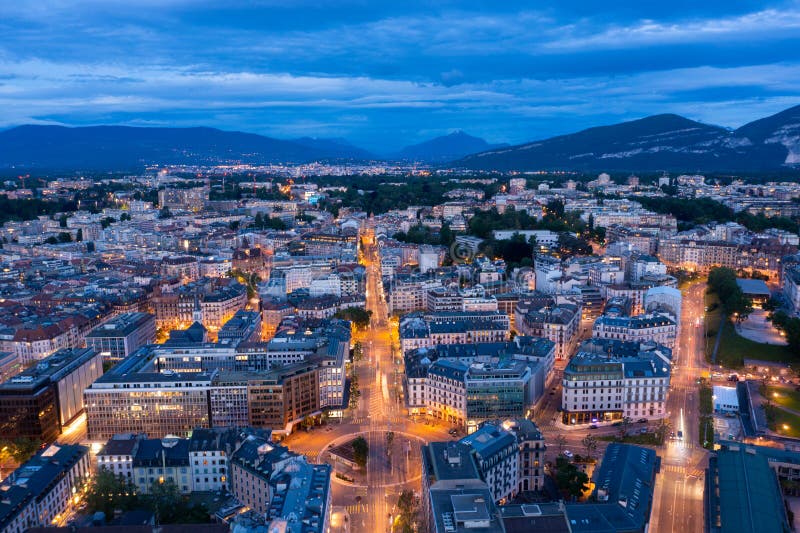 Aerial Night View of Geneva City in Switzerland Stock Photo - Image of ...