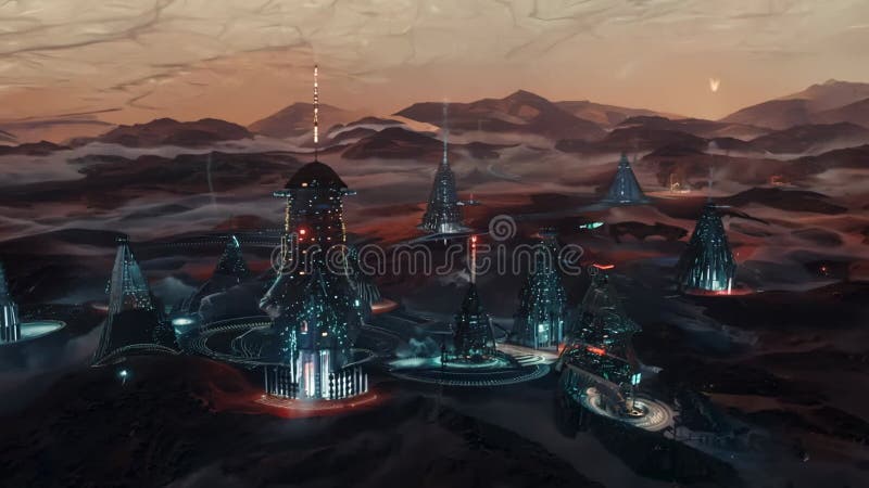 Aerial Night View of a Human Base on Planet with Red Surface. Stock ...
