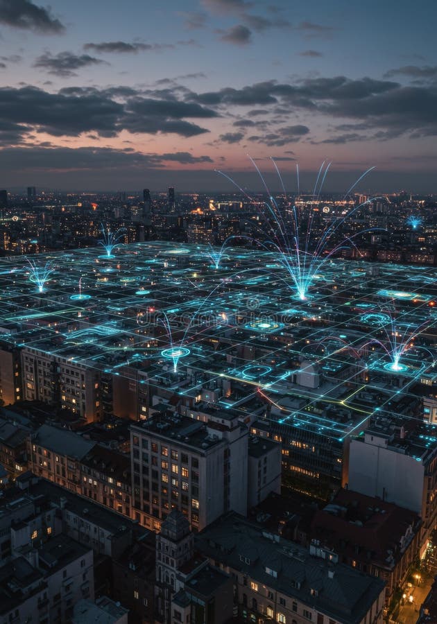 Aerial Night View of Illuminated City with Network Connections Stock ...