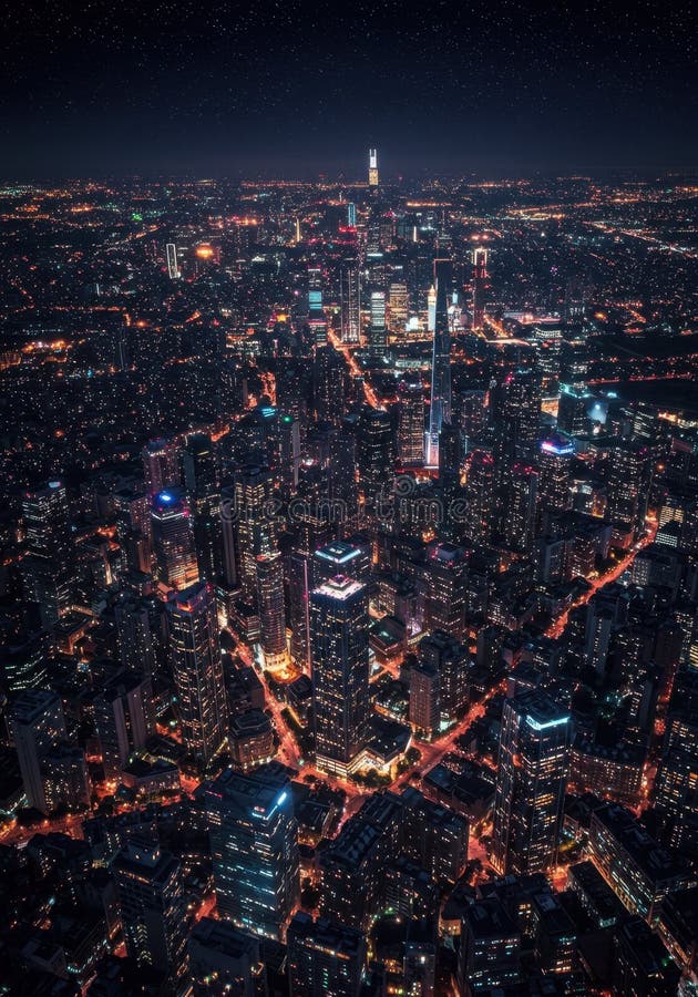 Aerial Night View of Illuminated City Skyline Stock Illustration ...