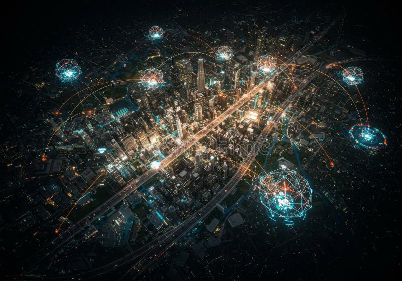 Aerial Night View of Illuminated Cityscape with Glowing Network ...