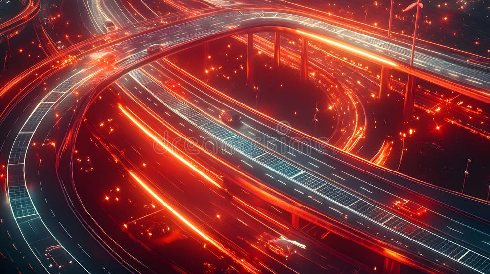 Aerial Night View of a Red and White Lit Highway Interchange Stock ...