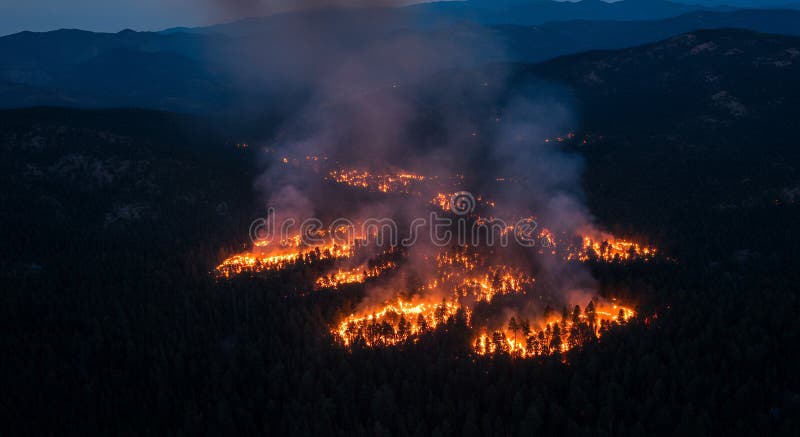 Aerial Night View of Wildfire Inferno Burning through Forest Stock ...