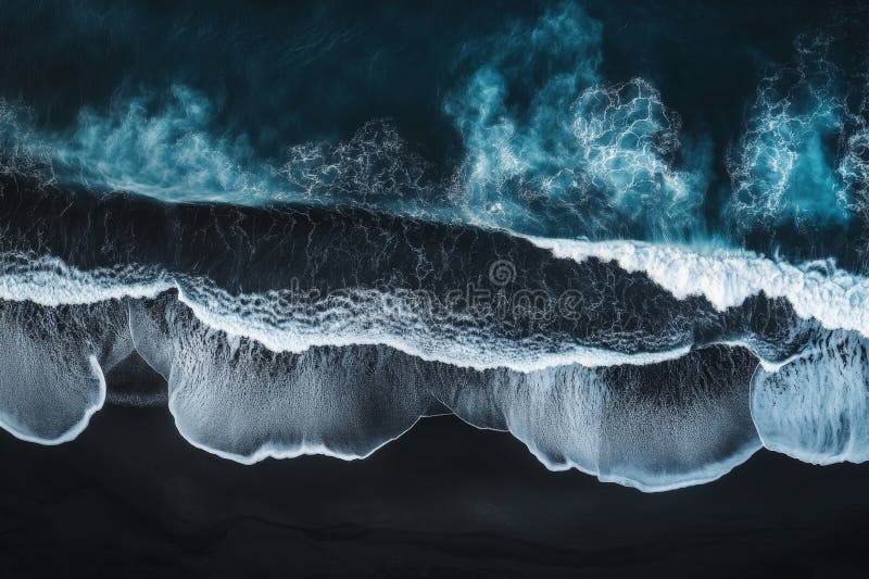 Aerial Ocean Waves Crashing on Dark Sandy Beach with White Foam ...