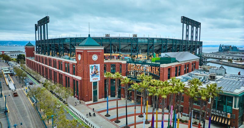 Aerial Oracle Park Sign with Clock of Ballpark with Palm Trees ...