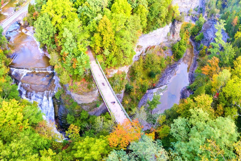 Aerial Over Large Gorge with Waterfall and Bridges Crossing Over Stock ...