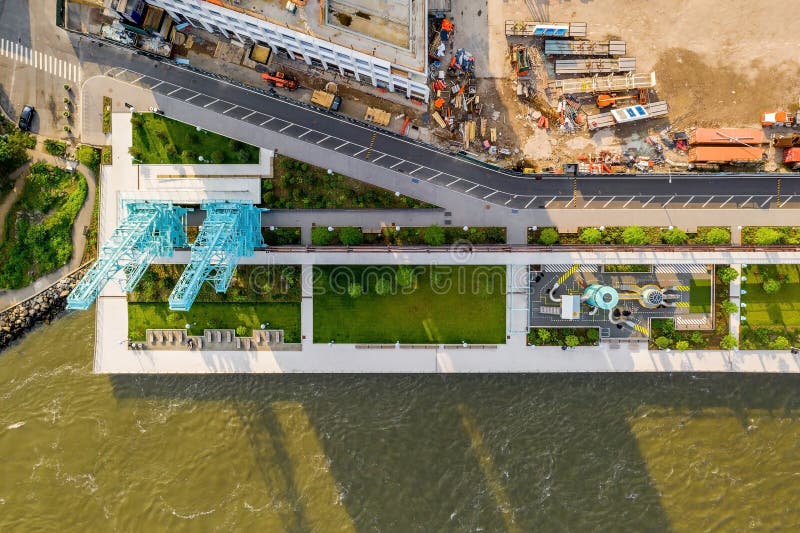 Aerial Overhead View of Construction Near a River at Daytime Stock ...
