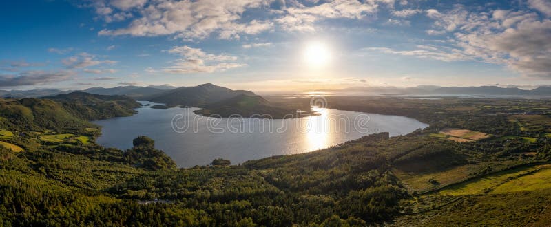 Aerial Panorama of Caragh Lake in County Kerry with the Sun Setting ...
