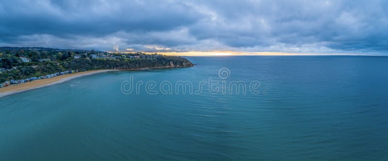 Panorama of Mount Martha Beach and Cliff with Bathing Boxes. Stock ...