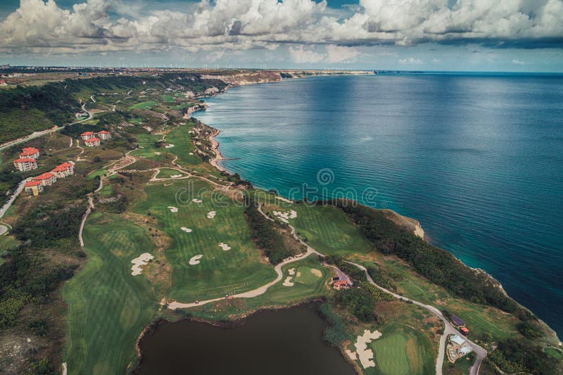 Aerial Panoramic View of a Golf Course Next To the Cliffs and Bl Stock ...
