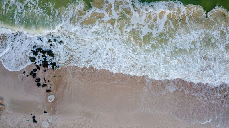 Aerial Panoramic Drone View of Ocean Waves and Sand Beach Stock Photo ...