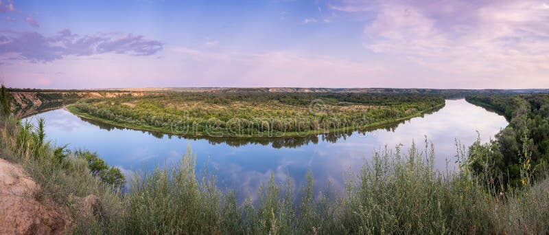 Aerial Panoramic Landscape with Sunset Over the River and Beautiful ...