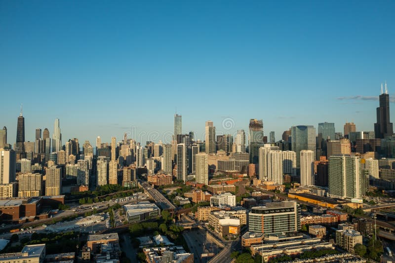 Aerial, Panoramic Shot of a Chicago Skyline during Summer Sunset Stock ...