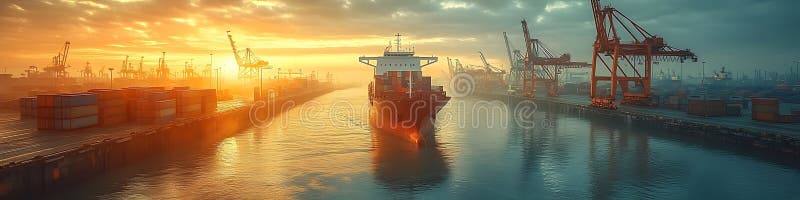 Aerial Panoramic View of a Bustling Container Port at Sunset with Ships ...